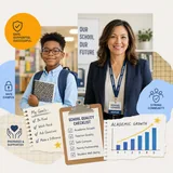Collage: a student with a notebook, a school leader, and a school-quality checklist