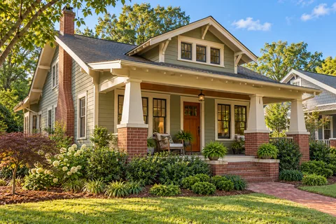 Sage Craftsman bungalow with a broad porch and established gardens