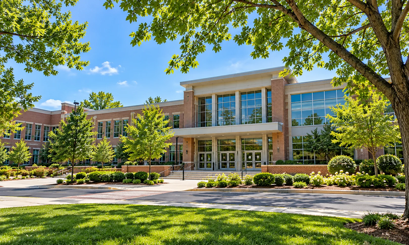 Modern school building with landscaped grounds and large windows