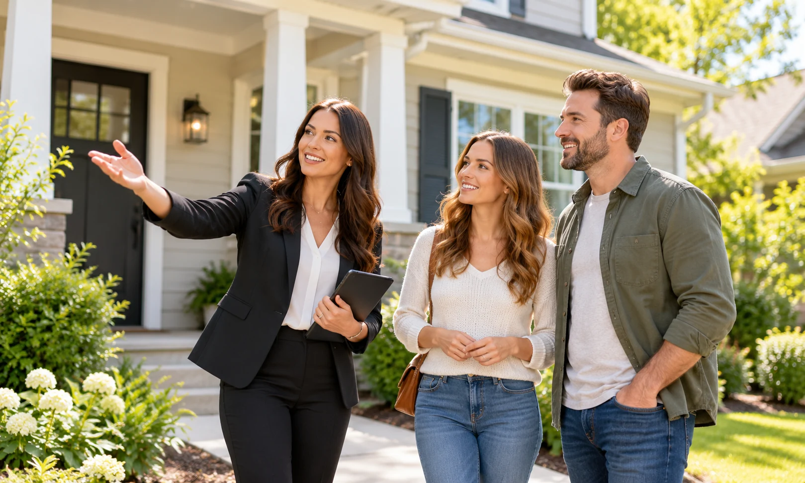 Real estate professional showing a property to homebuyers