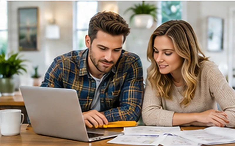 Two homebuyers reviewing information together at a laptop