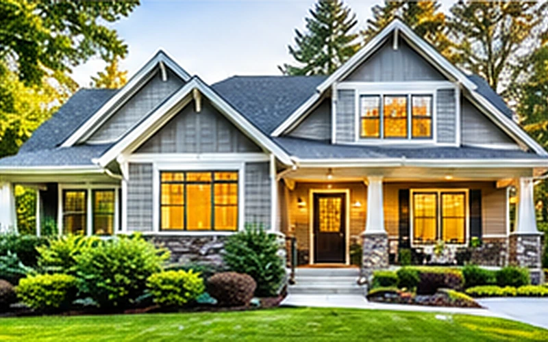 Gray-blue house with a front porch and landscaped yard