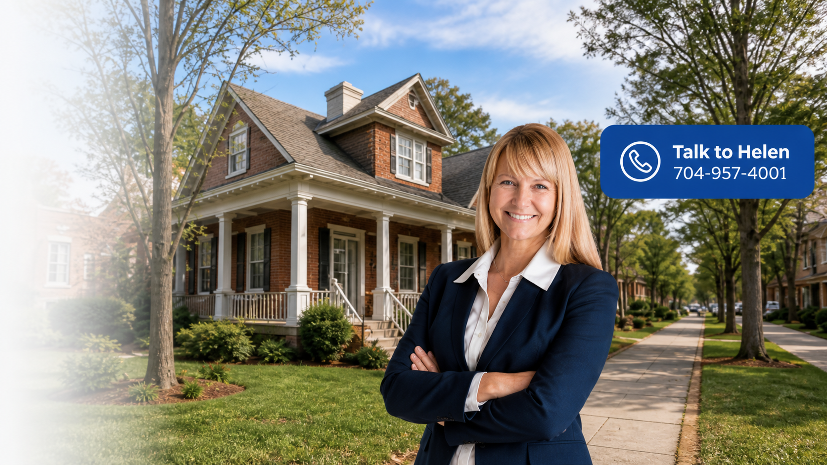 Helen Harp in front of a Dilworth home with a tree-lined neighborhood street