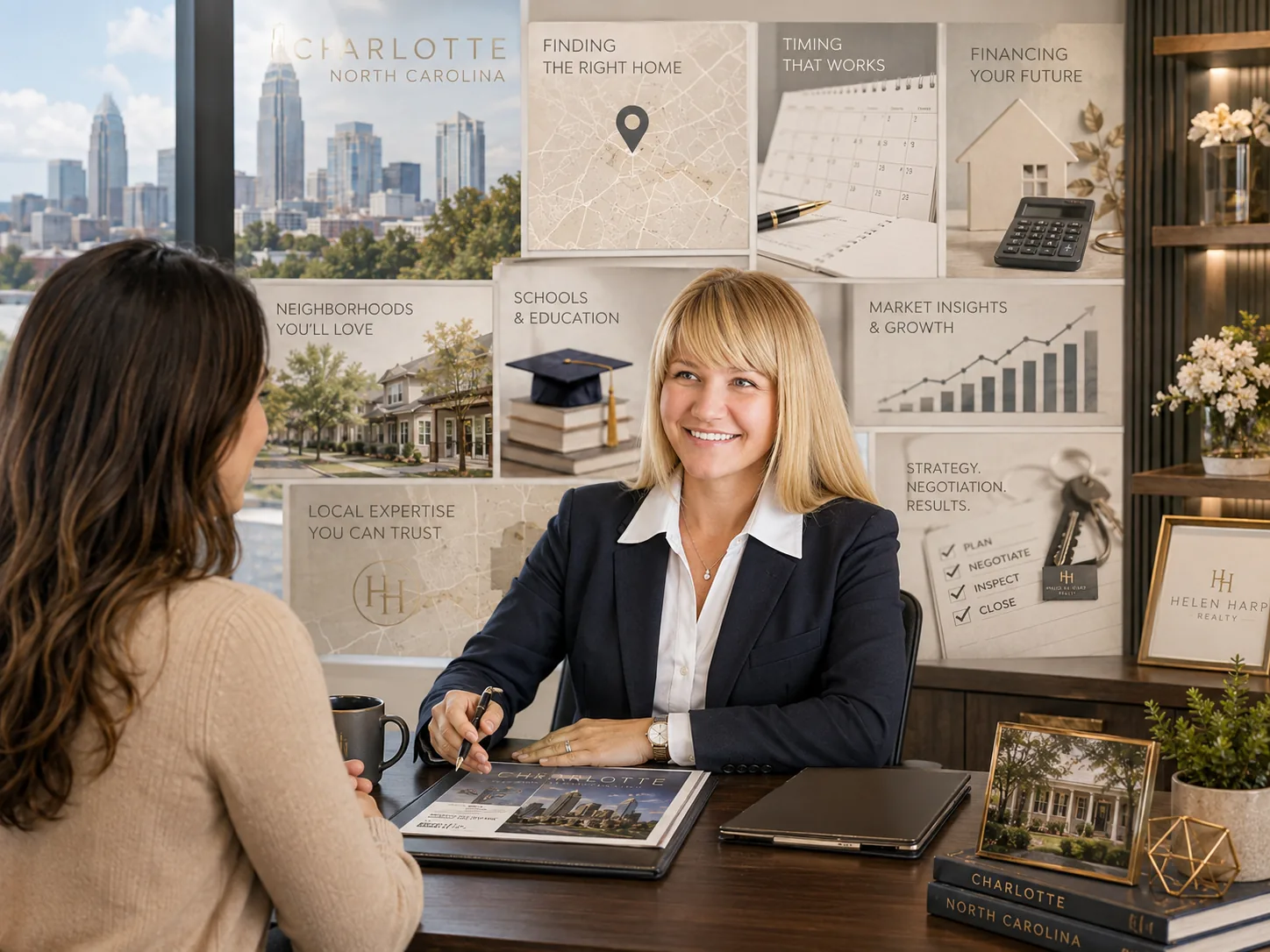 Helen Harp consulting with a Charlotte home buyer at her desk